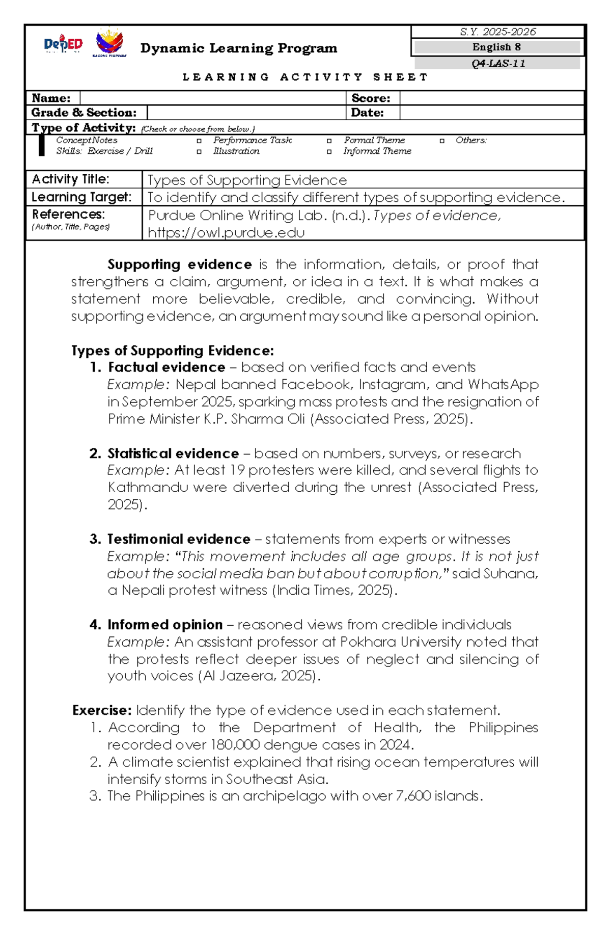 Q4 LAS Eng8 11 - Types of Supporting Evidence Activity - Studocu