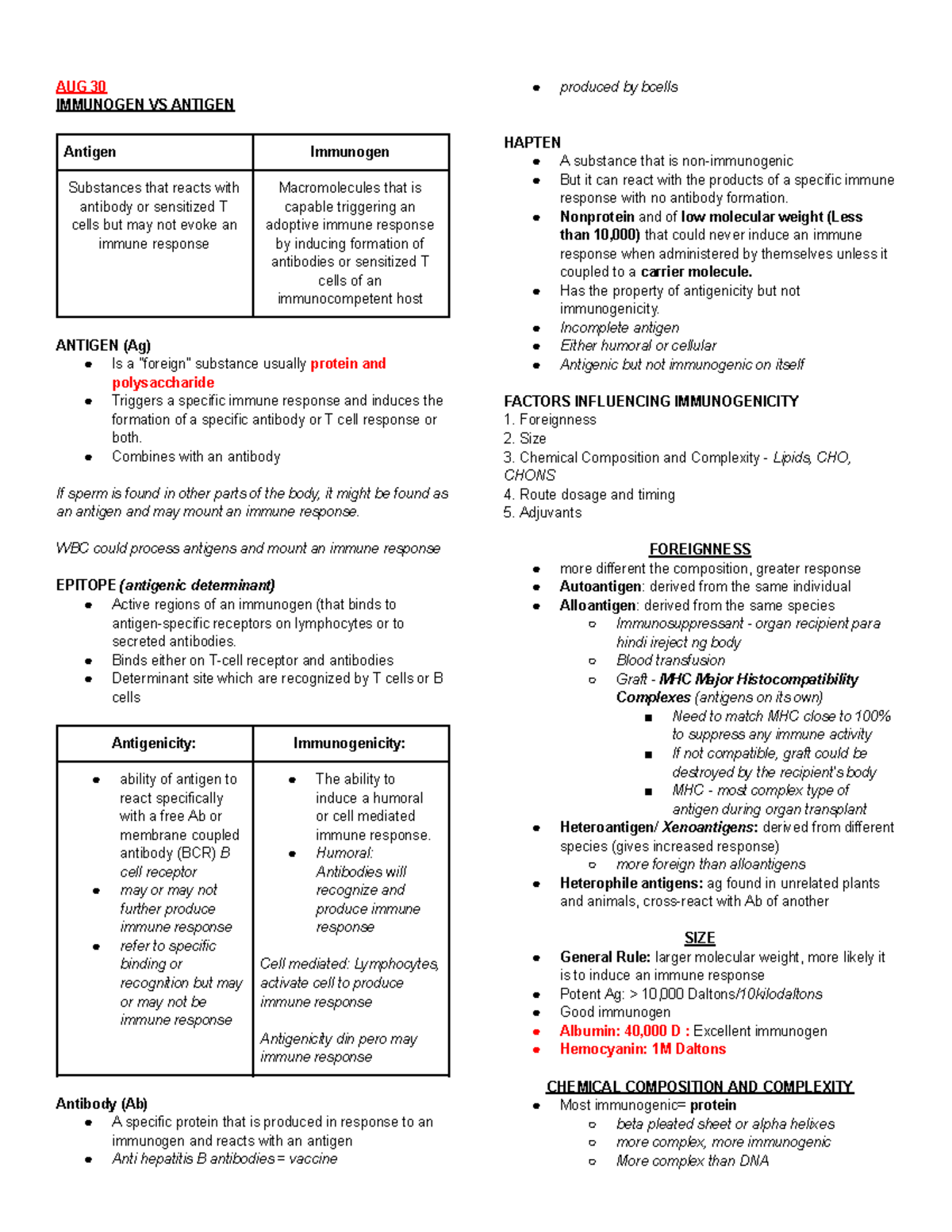 AUG 30 IMMUNOGEN VS ANTIGEN: Key Concepts and Definitions - Studocu