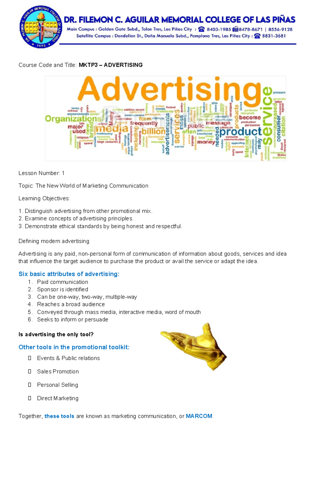 MKTP3 Advertising Lesson 1: The New World of Marketing Communication ...