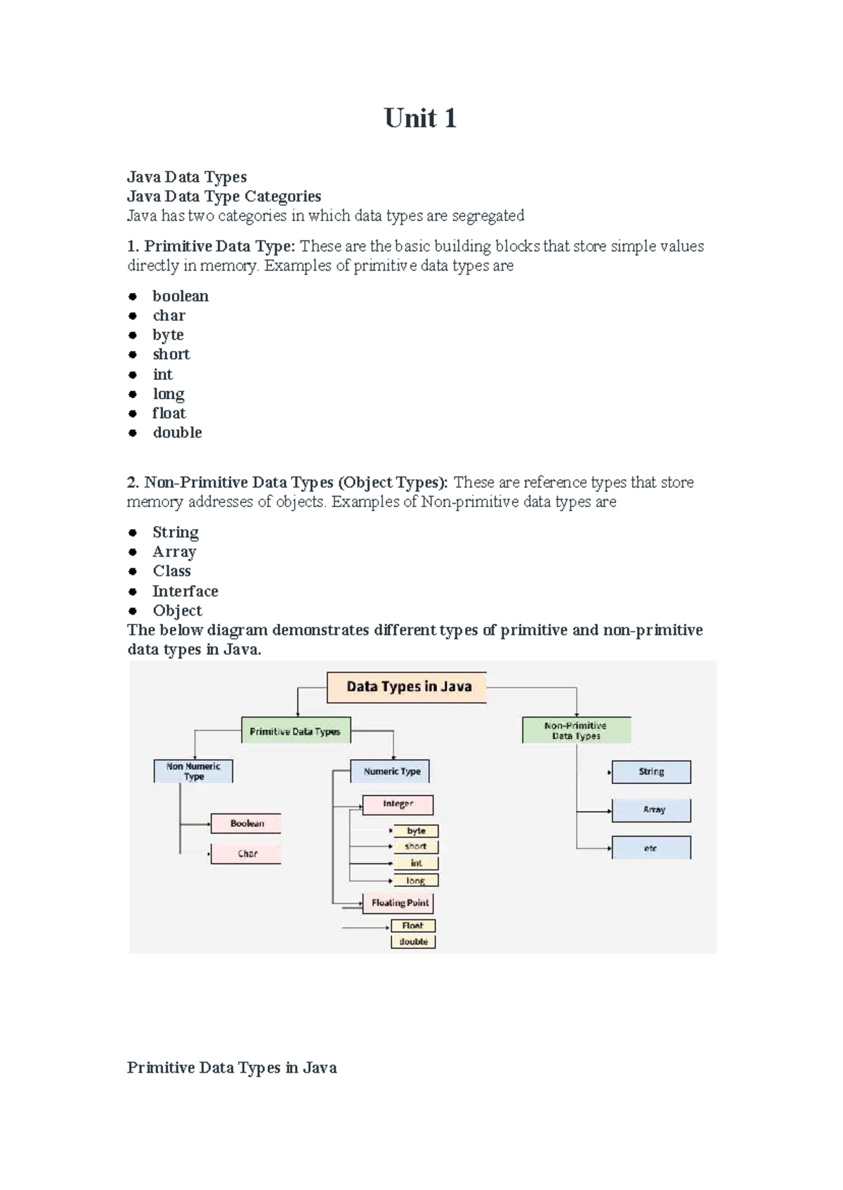 Unit 1: Java Data Types Overview and Examples (CS101) - Studocu