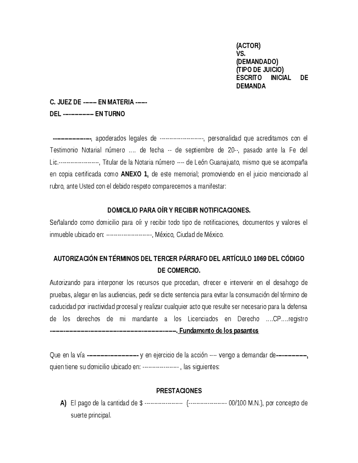 Demanda Inicial en Juicio Civil: (ACTOR) vs. (DEMANDADO) - Formato ...