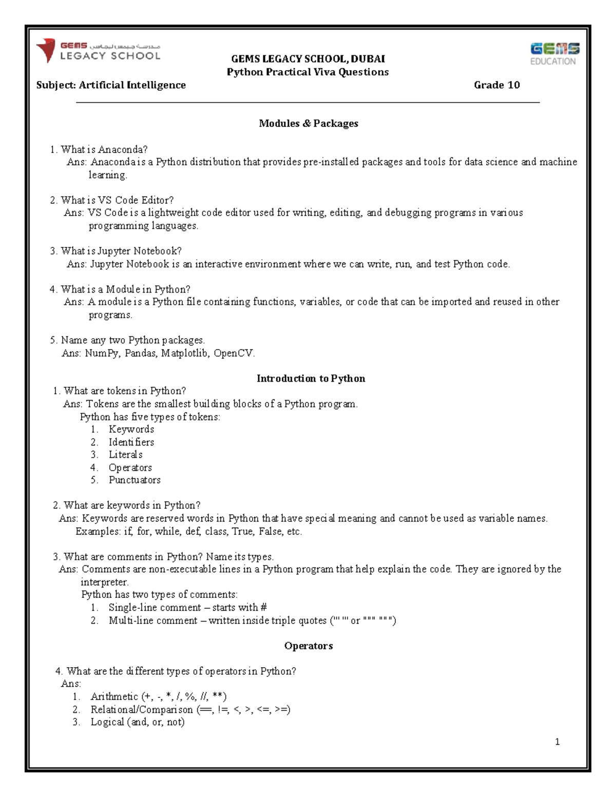 G10 AI Python Practical Viva Questions - GEMS Legacy School - Studocu