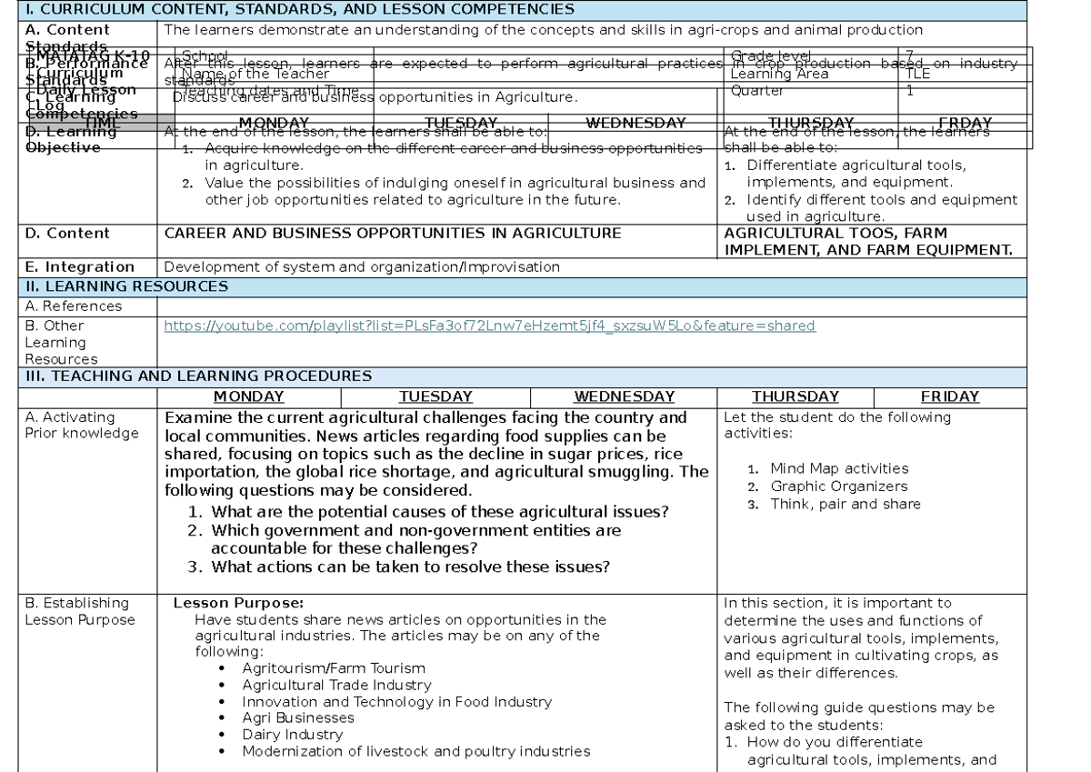 Agricrop 7 Q2 W1 Lesson Plan: Career & Business Opportunities in ...
