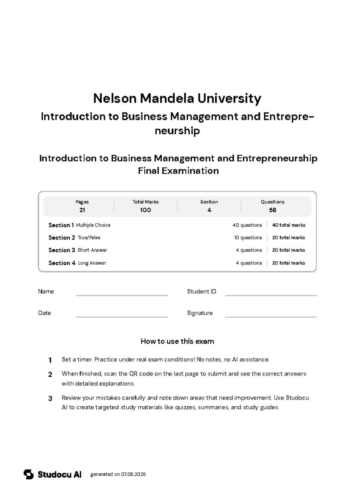 Introduction to Business Management and Entrepreneurship Final Exam ...