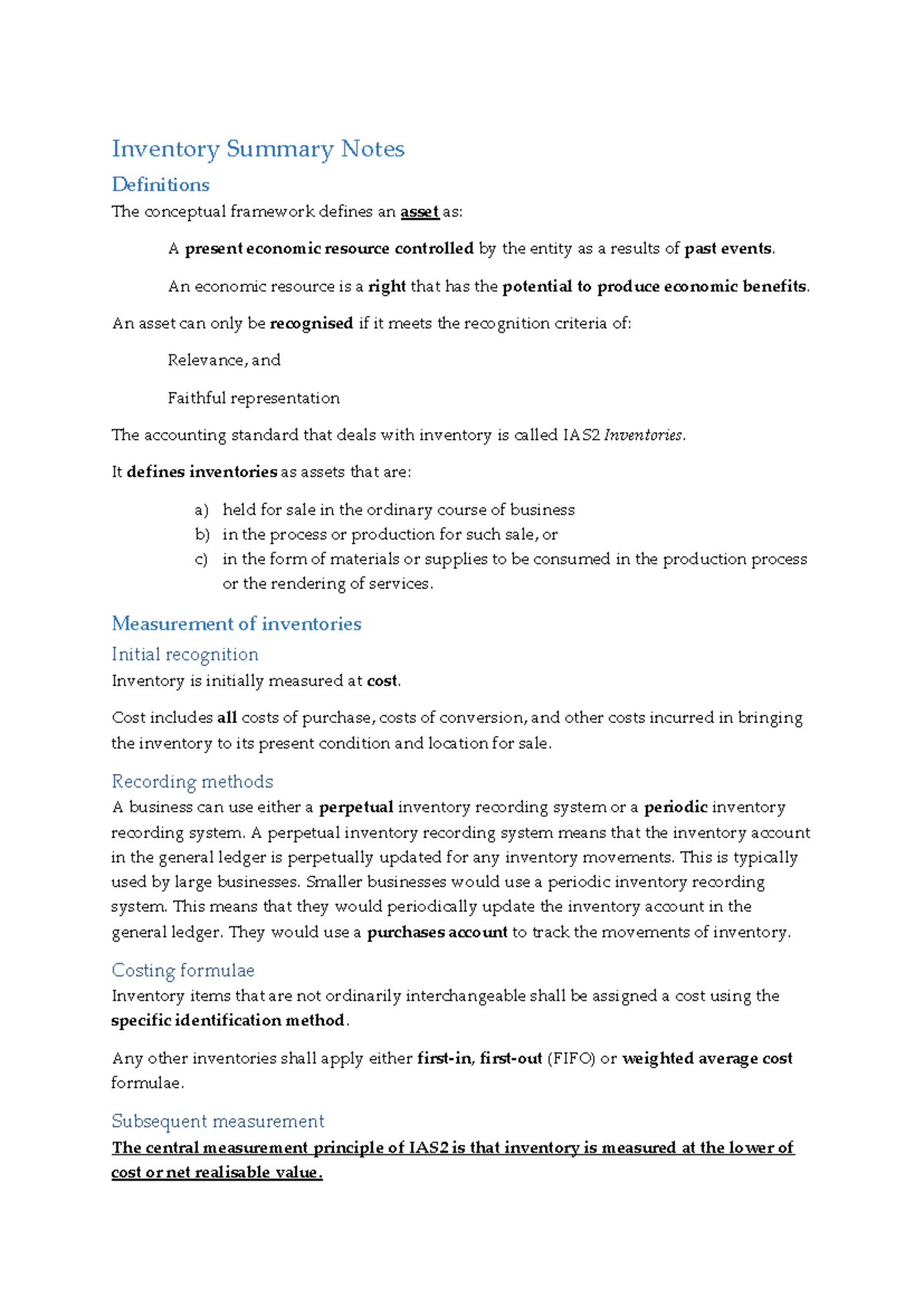 IAS2 Inventory Summary Notes: Key Concepts and Measurement Methods ...