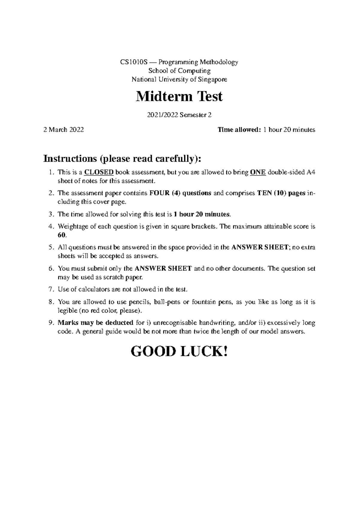 CS1010S Programming Methodology Midterm Test Solutions March 2022 - Studocu