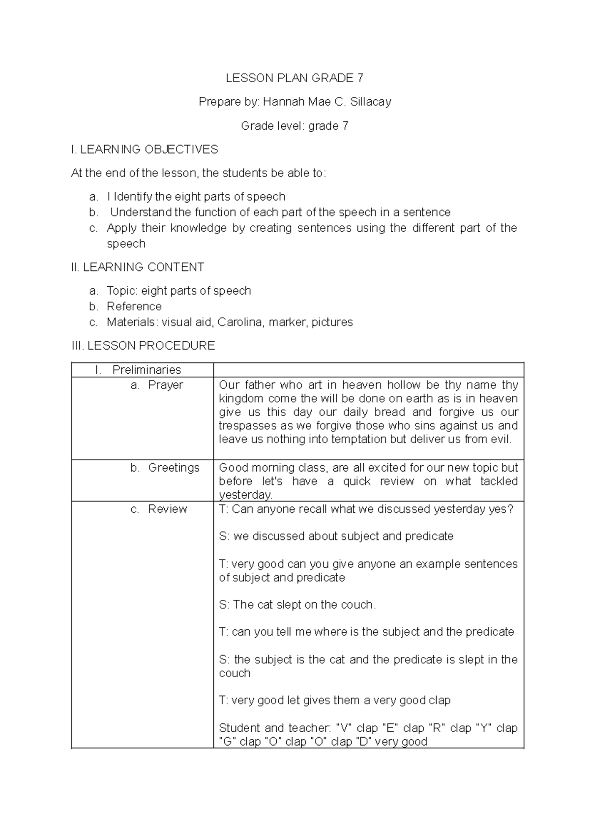 LESSON PLAN GRADE 7: Understanding the Eight Parts of Speech - Studocu