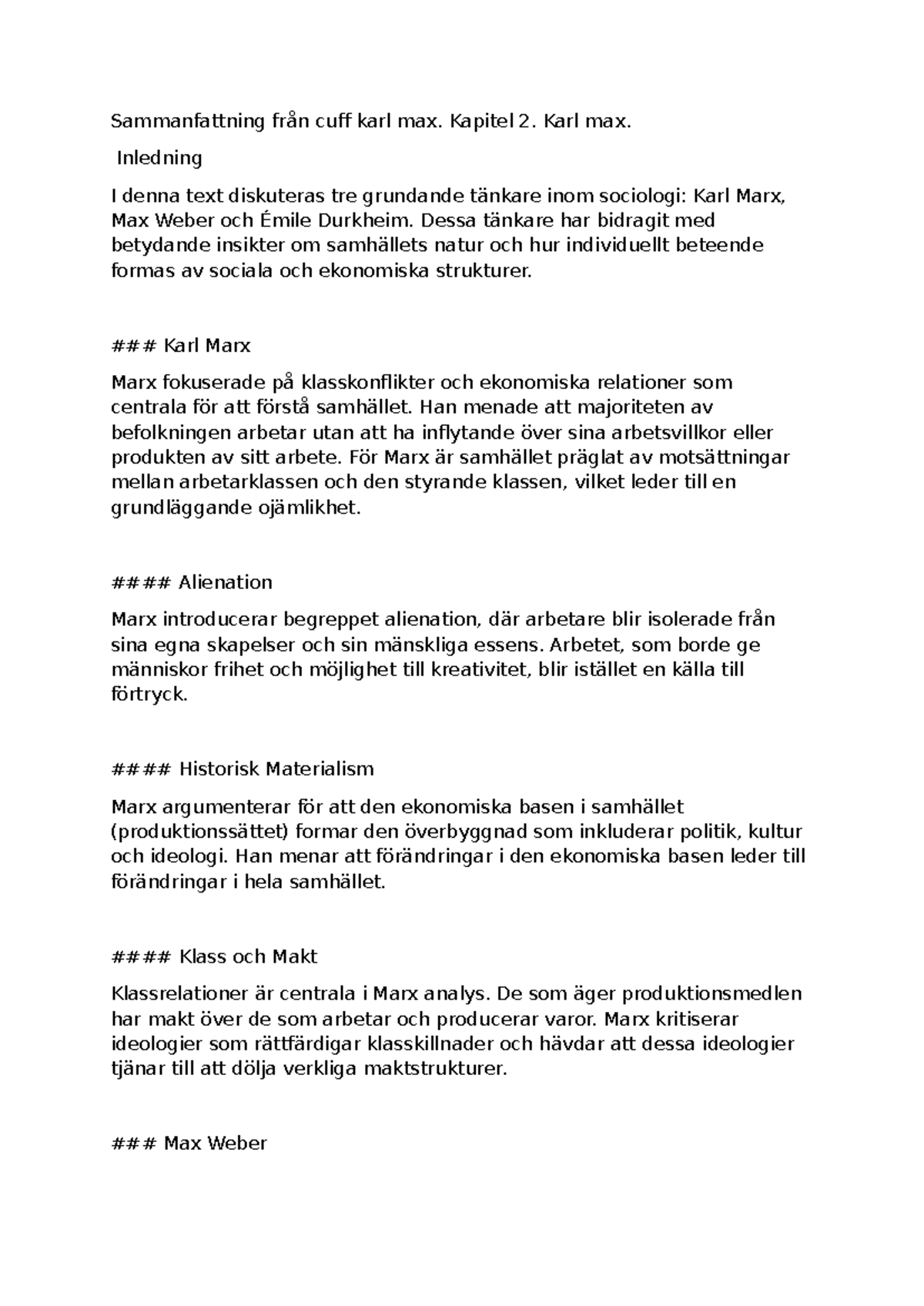 Sammanfattningar av Karl Marx, Max Weber och Émile Durkheim - Kapitel 2 ...