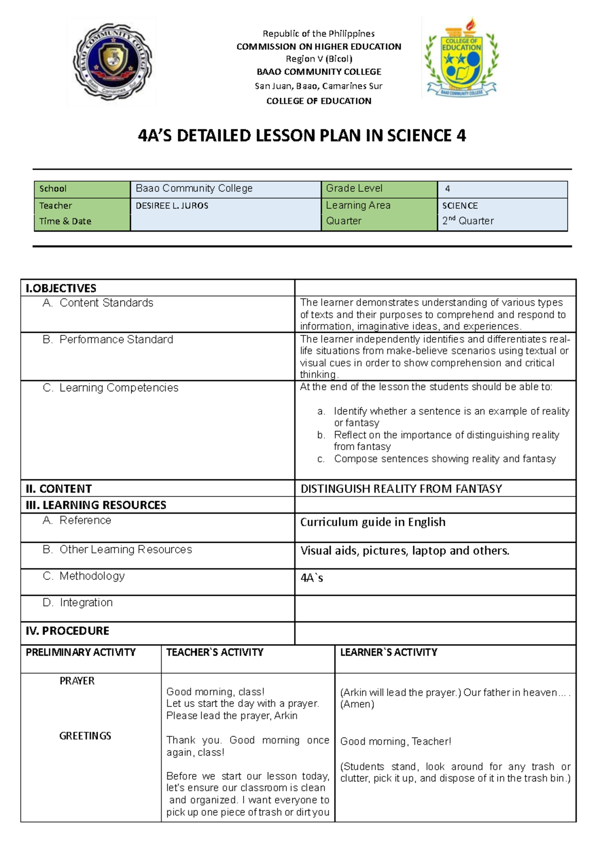 Detailed Lesson Plan in Science 4 (EDUC 4A) - Distinguishing Reality ...