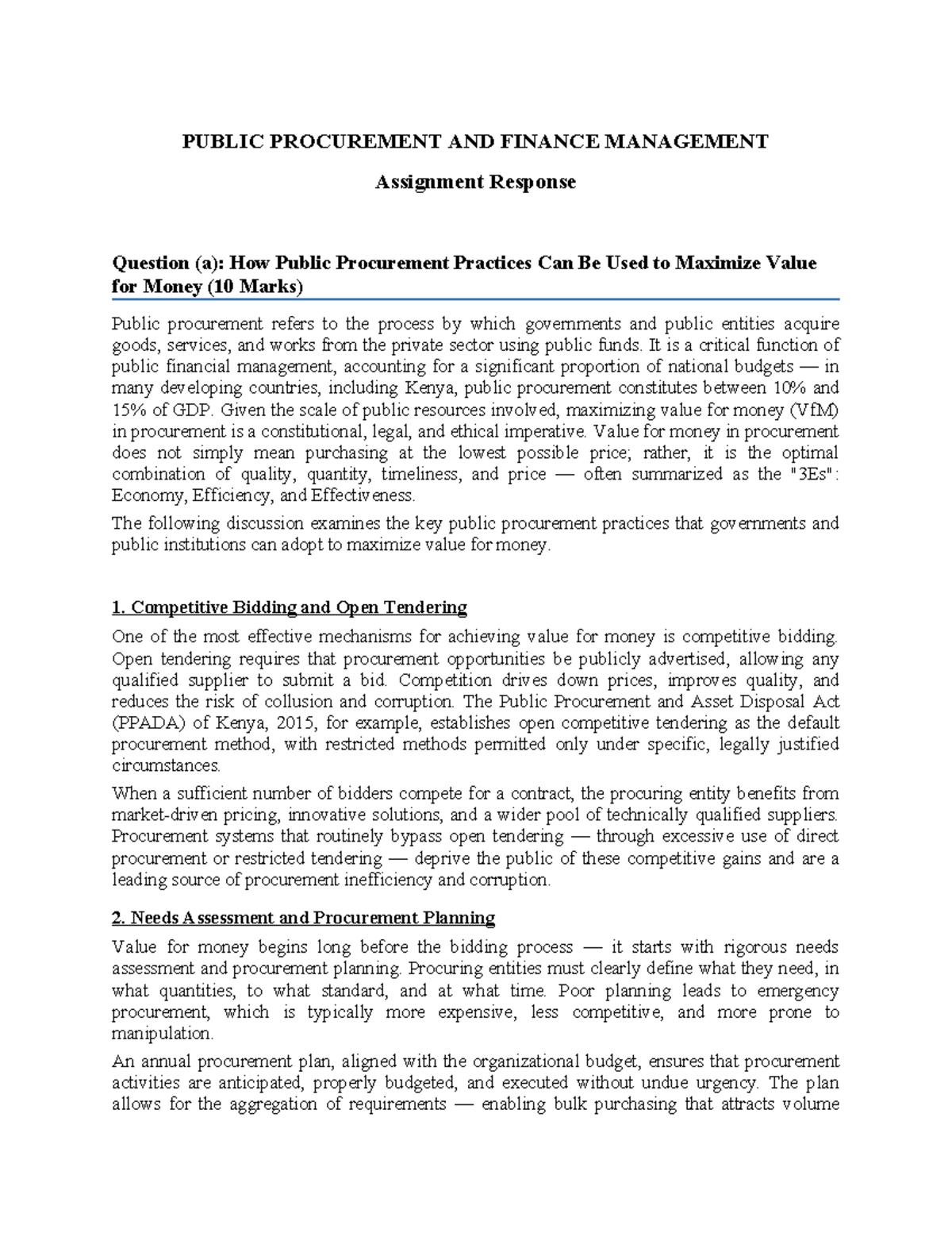 PUBLIC PROCUREMENT AND FINANCE MANAGEMENT Assignment: Maximizing Value ...