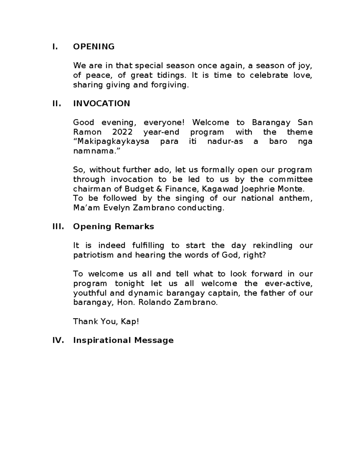 Emcee Script for Barangay San Ramon Christmas Party 2022 - Studocu