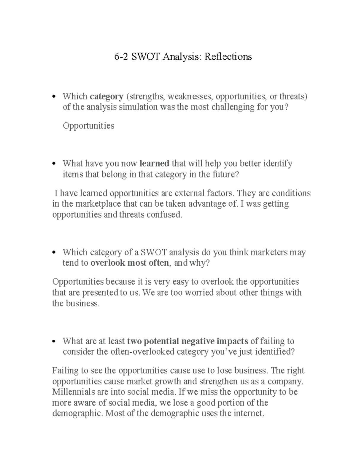 MKT 205 Module 6 SWOT Analysis Reflection & Insights - Studocu