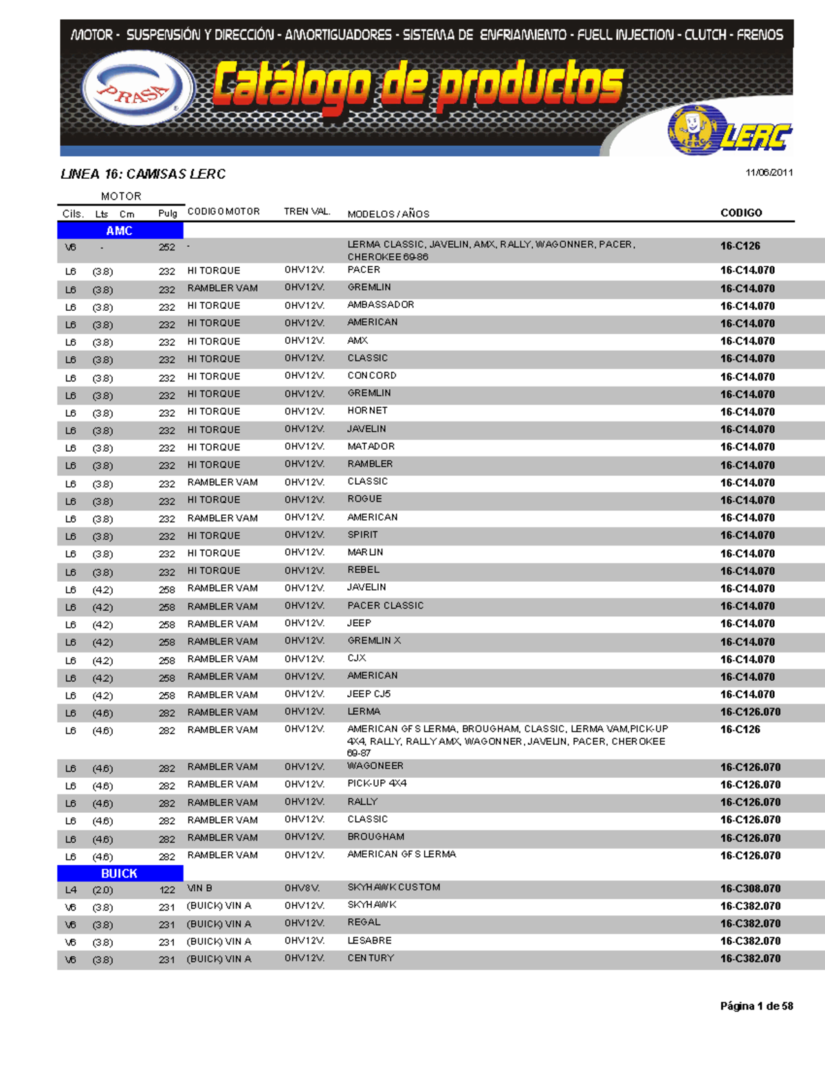 Catalogo Camisas Lerc para Motores 16-C: Modelos y Códigos - Studocu