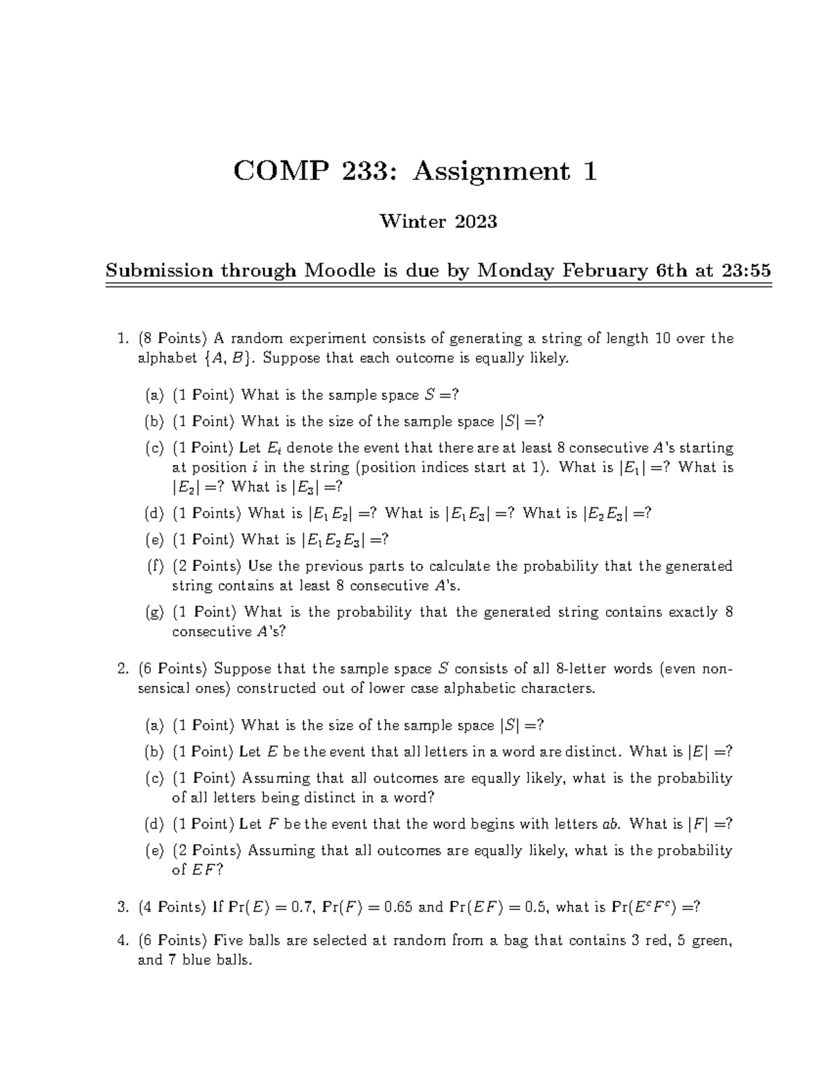 COMP 233: Assignment 1 - Probability and Combinatorics Problems - Studocu