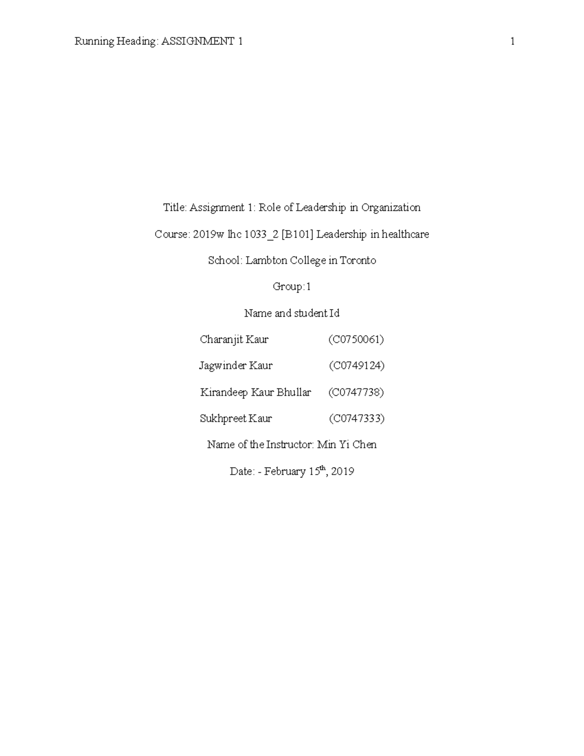 Assignment 1 group 1 - Running Heading: ASSIGNMENT 1 1 Title ...