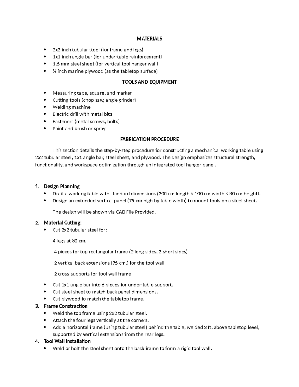MATERIALS & FABRICATION PROCEDURE FOR MECHANICAL TABLE - Studocu