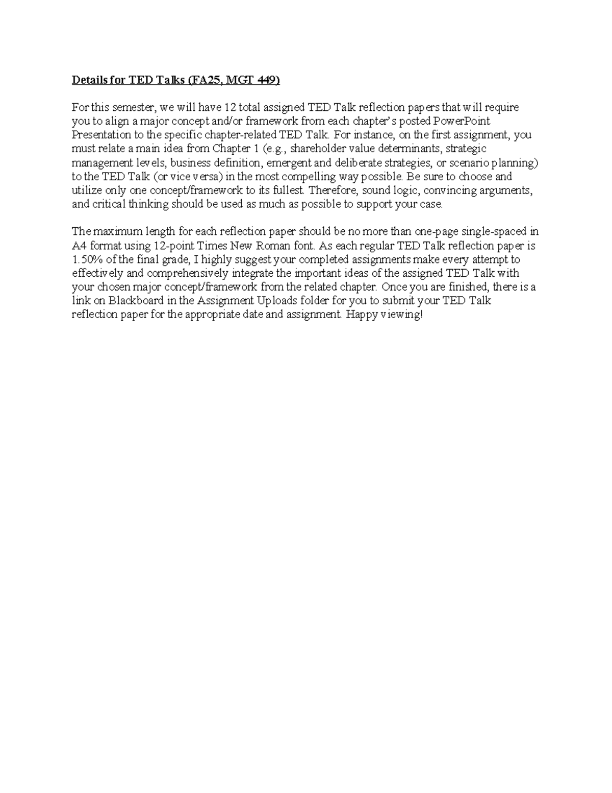 TED Talk Reflection Papers Guidelines (FA25, MGT 449) - Studocu