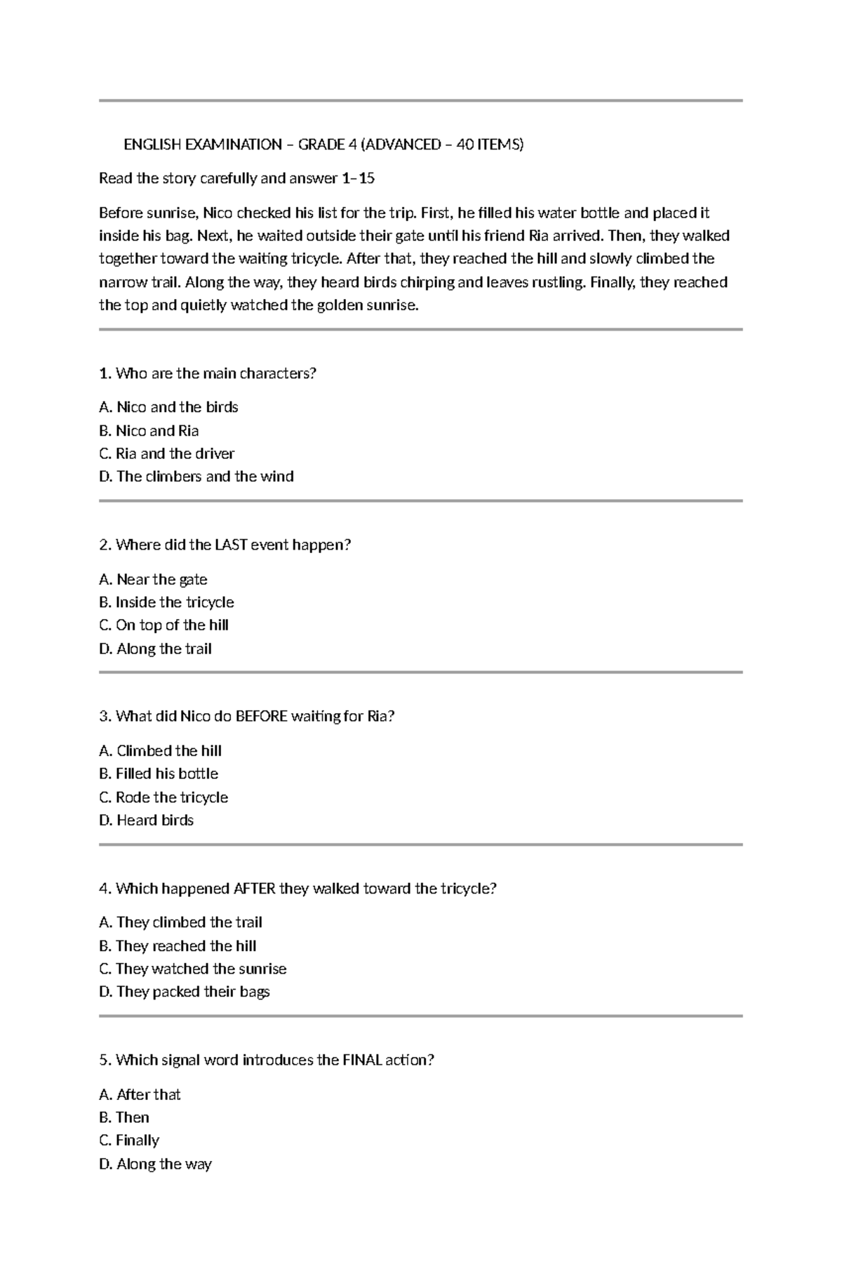 ENGLISH GRADE 4 EXAMINATION (ADVANCED 40 ITEMS) - Studocu