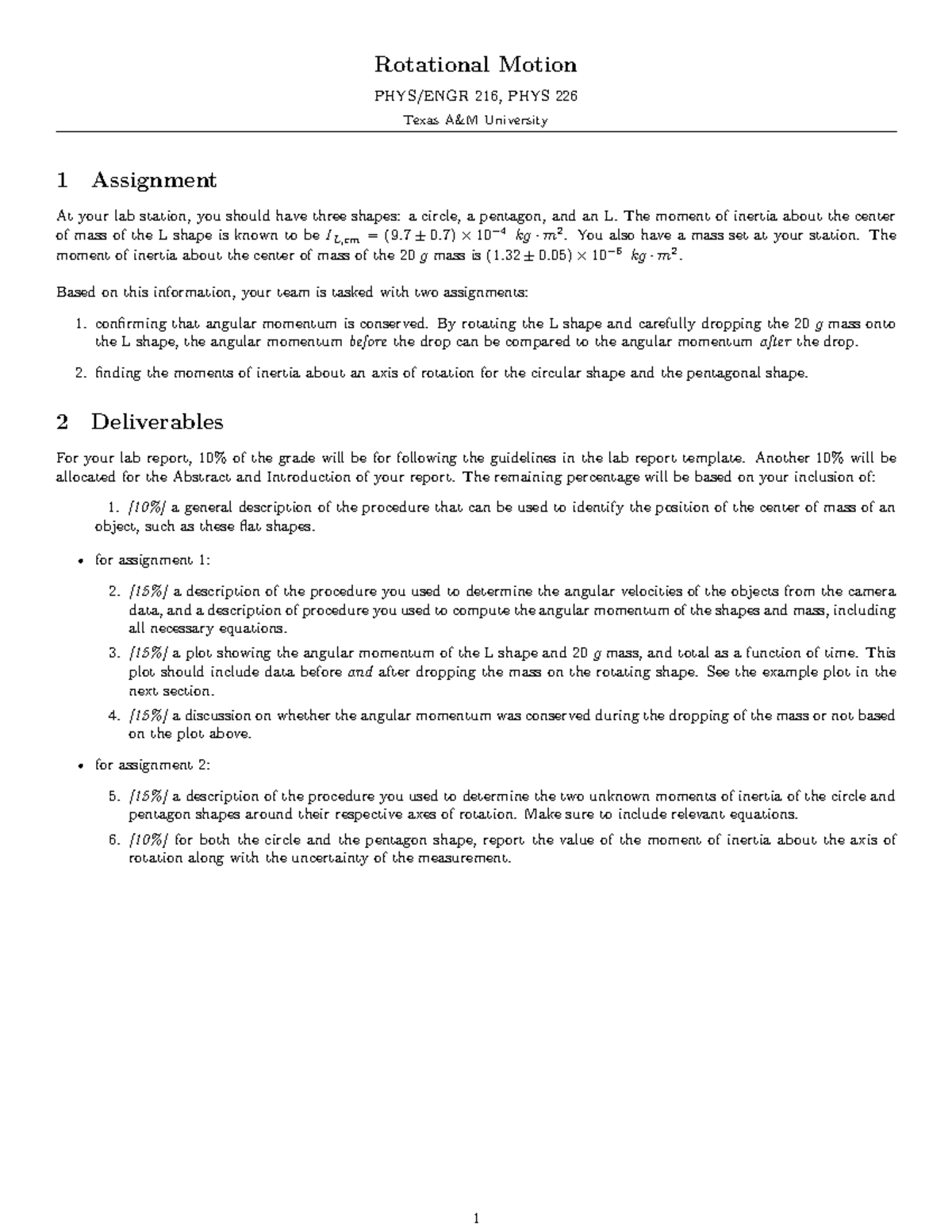 Rotational Motion Lab Report: PHYS 226 Assignment 1 & 2 - Studocu