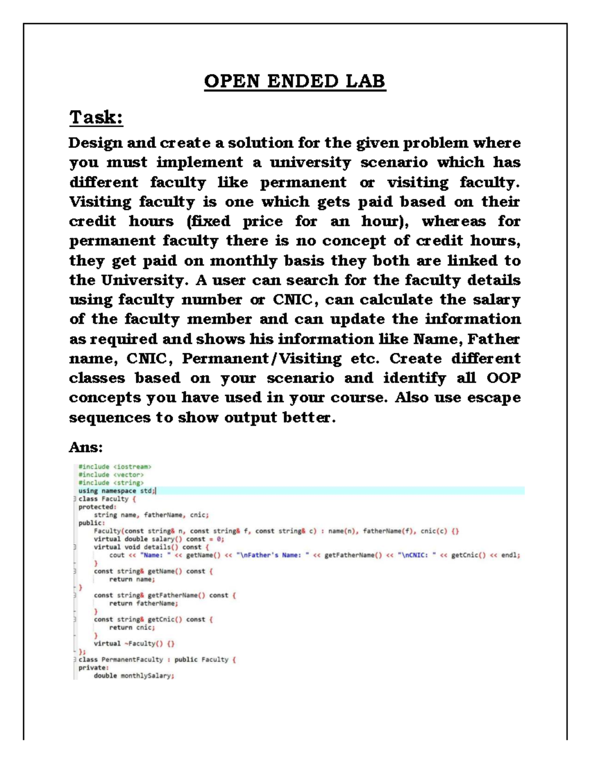 OOP OPEN ENDED LAB: Faculty Management System Design Report - Studocu