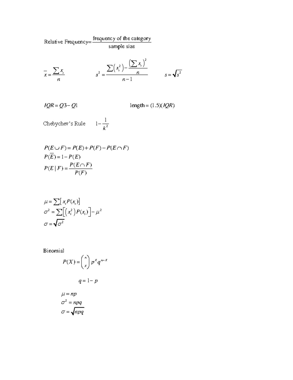 Exam Formulas for Statistics (Course Code: STAT101) - Studocu