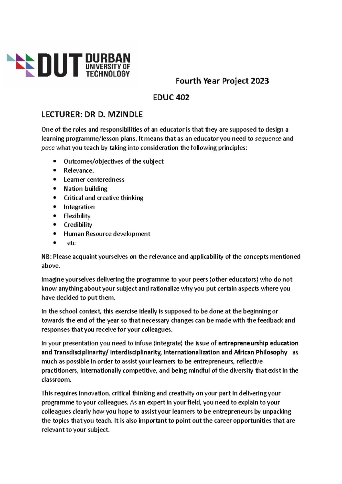 EDUC 401 Fourth Year Project 2023 - Fourth Year Project 2023 EDUC 402 ...