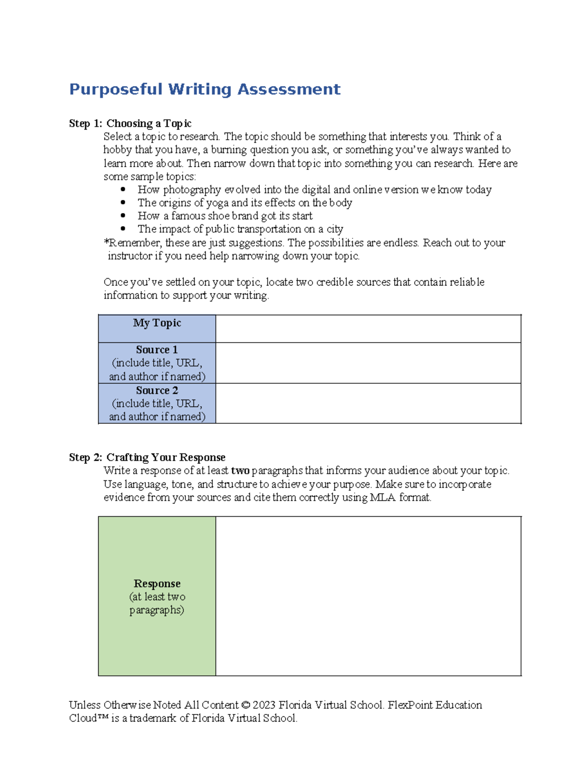 01 03 purposeful writing - Purposeful Writing Assessment Step 1 ...