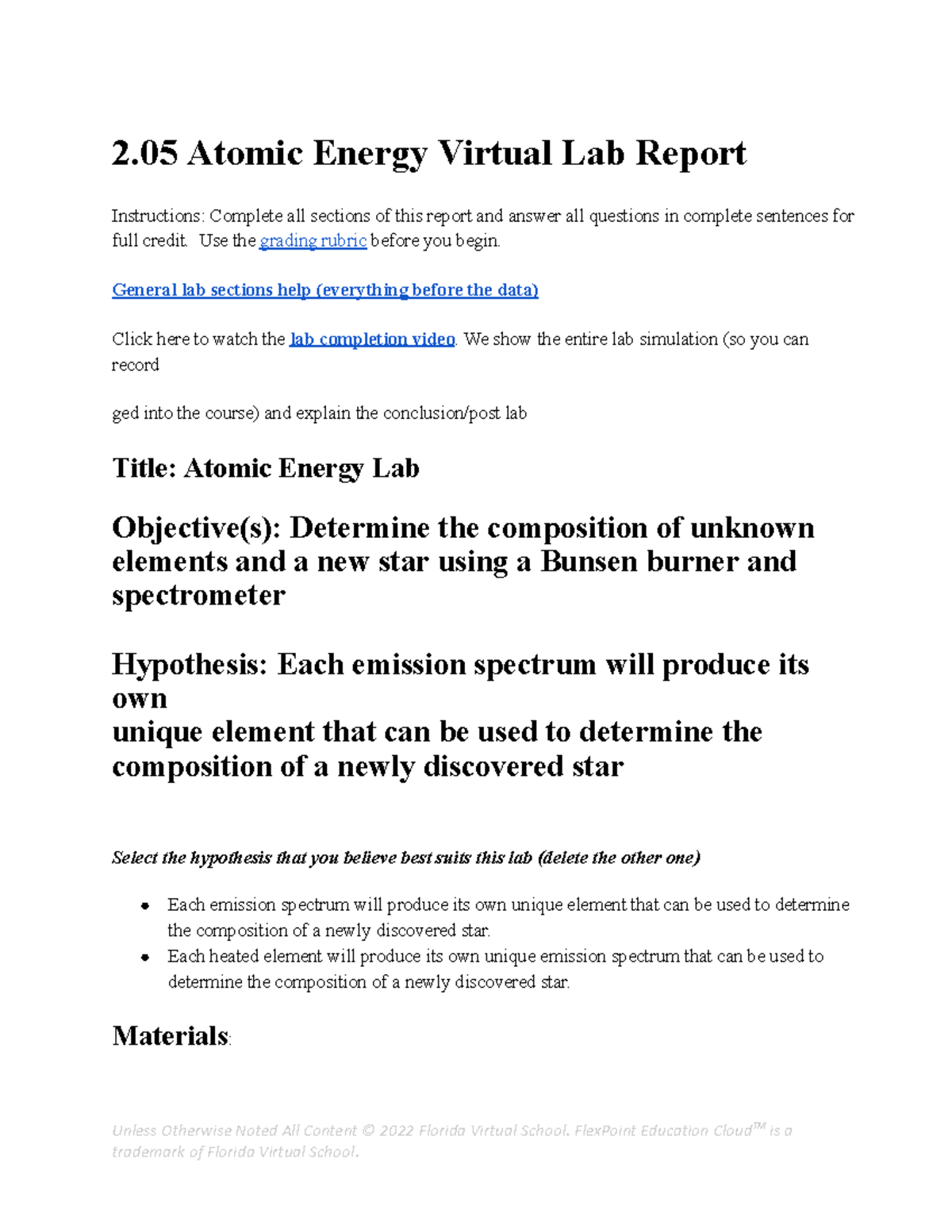 2.05 Chemistry Lab Report: Analyzing Atomic Energy Emissions - Studocu