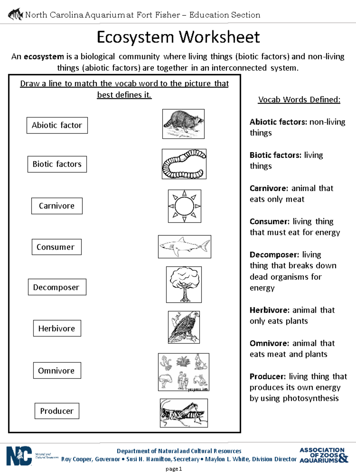 Ecosystem Worksheet for NC Aquarium at Fort Fisher - Education Section ...