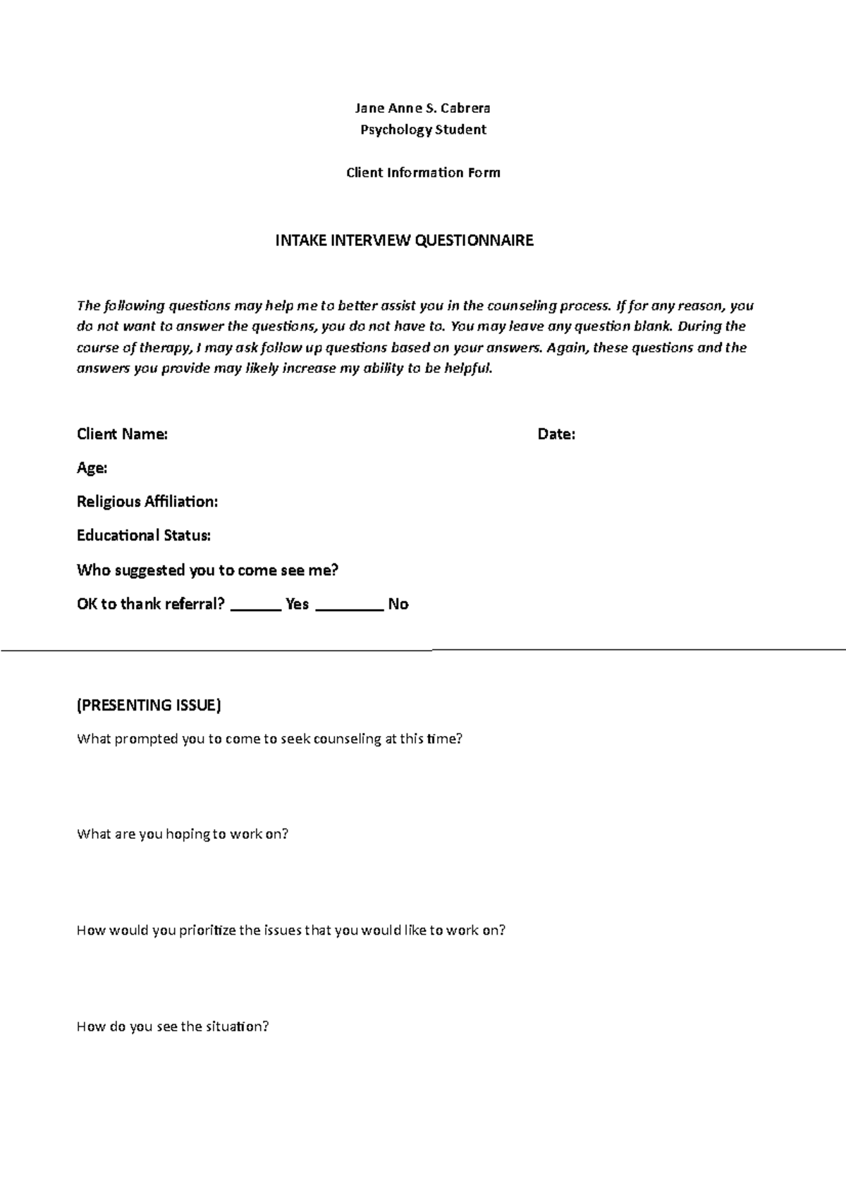 Questionnaire-1 - Jane Anne S. CabreraPsychology Student Client ...