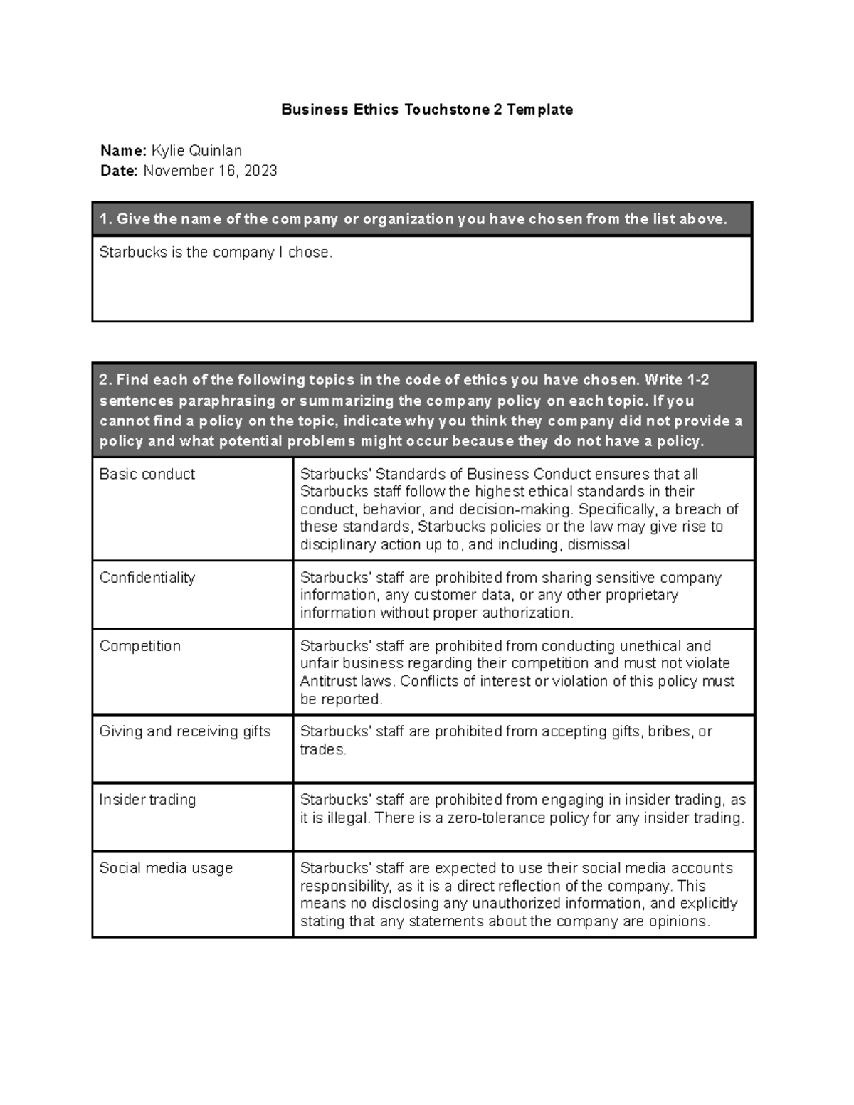 Business Ethics Touchstone 2: Analyzing Starbucks' Ethical Standards - Studocu