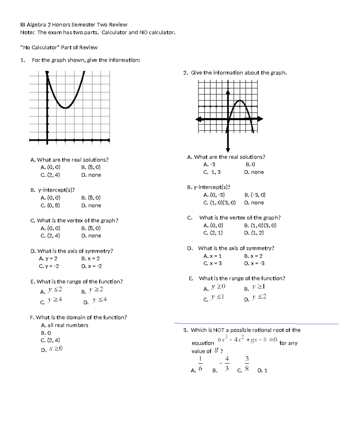 Pre-IB Algebra 2 Honors Sem 2 Review Notes: Exam Prep Guide - Studocu