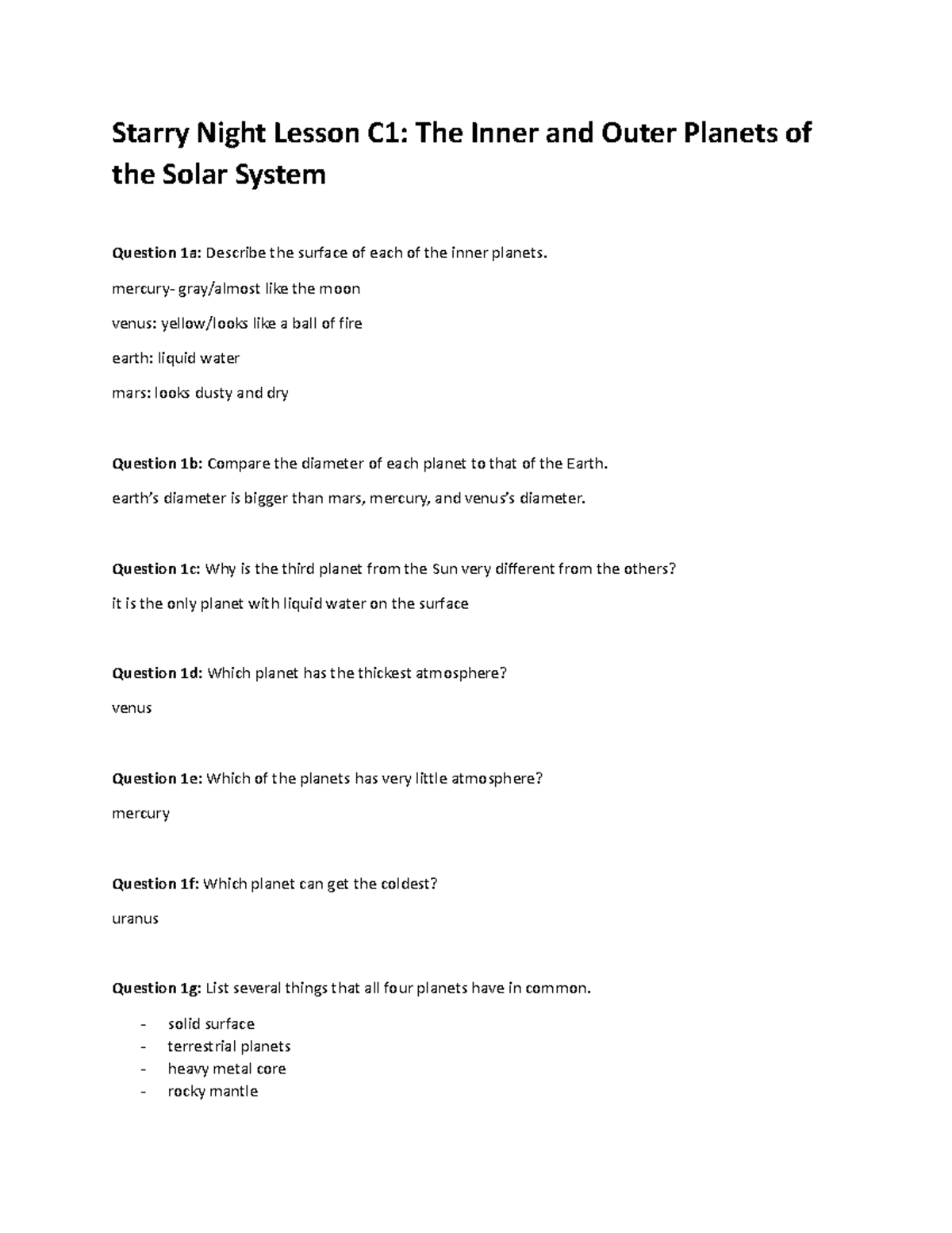 Starry Night Lesson C1: Exploring Inner & Outer Planets in Depth - Studocu