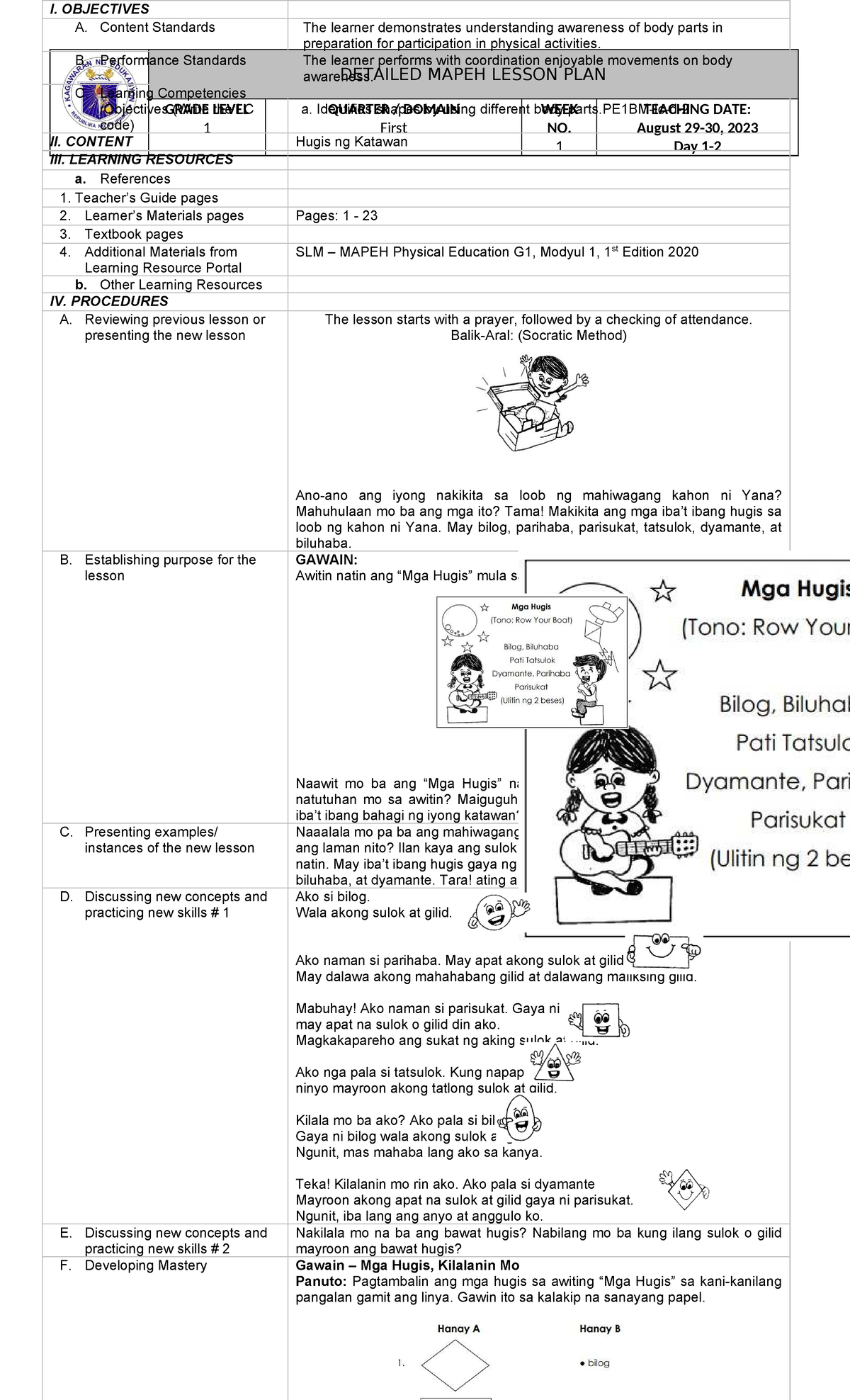 Sample MAPEH DLP G1: Understanding Shapes & Body Awareness Activities ...