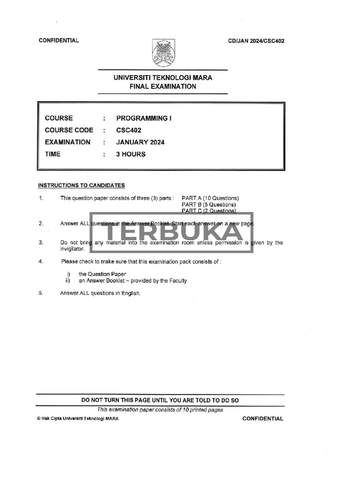 CSC402 Final Exam Paper - Programming I (July 2023) - Studocu