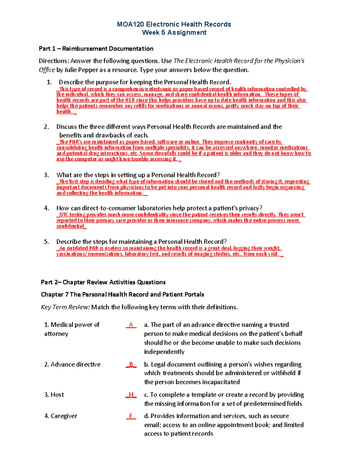 MOA120 Week 4 Assignment: Reimbursement EHR Worksheet - Studocu