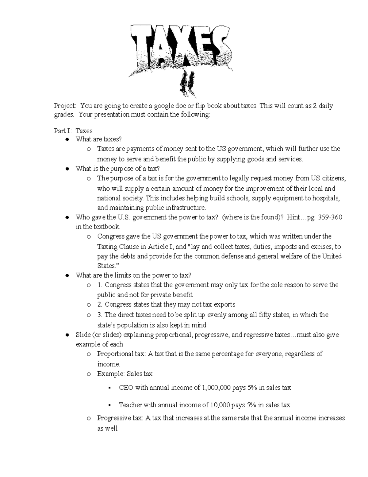 Tax Project - Notes - Project: You are going to create a google doc or ...