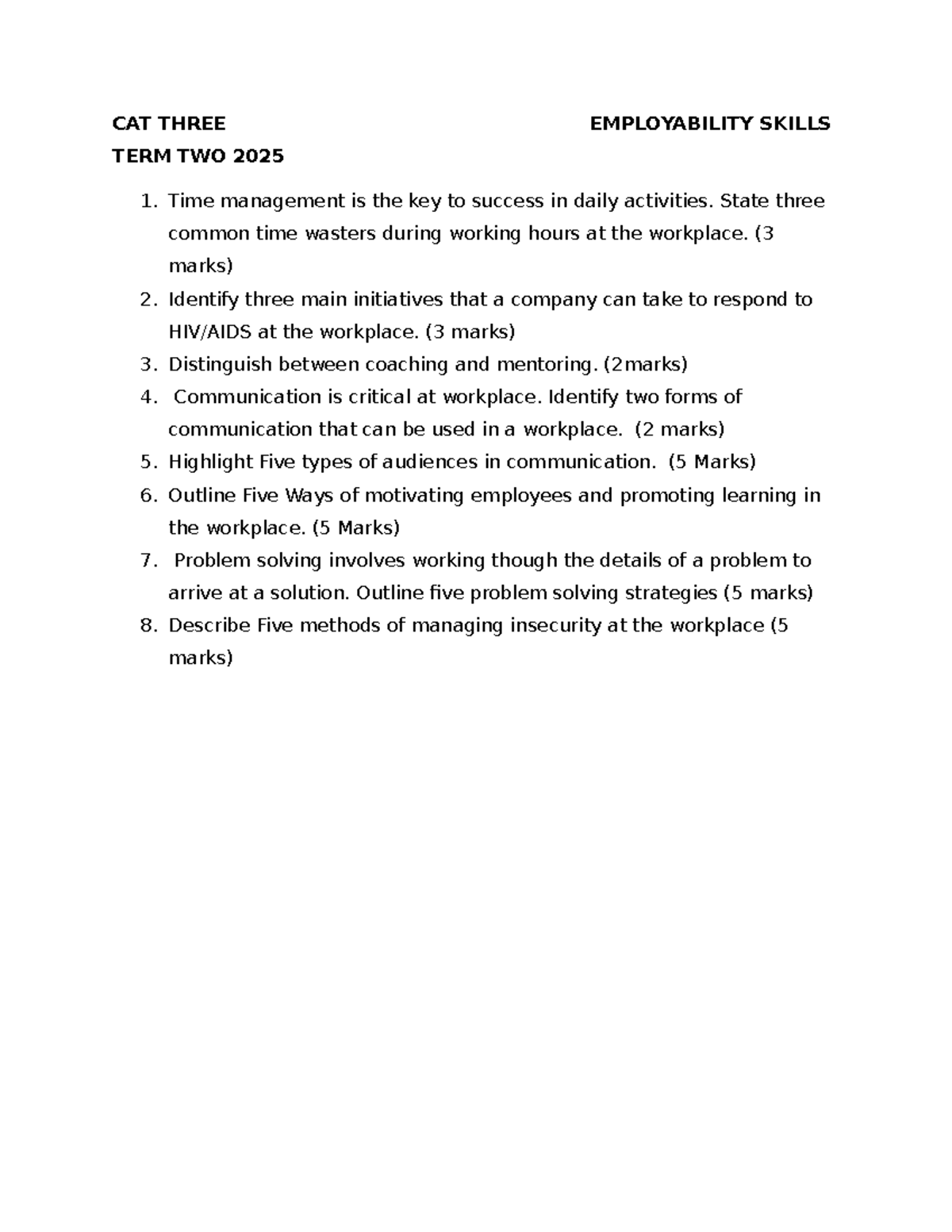 EMP CAT 3 - Assignment - CAT THREE EMPLOYABILITY SKILLS TERM TWO 2025 ...