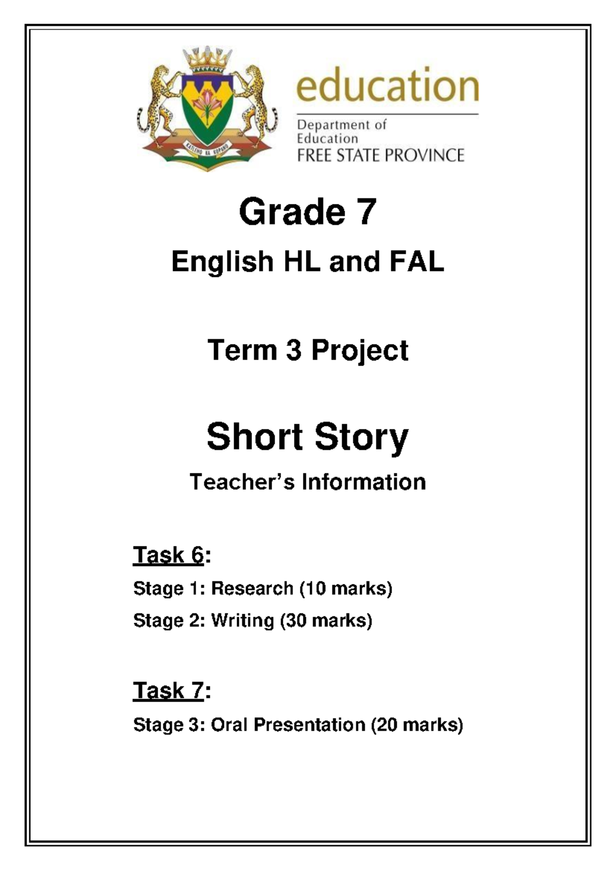 Grade 7 EHL & EFAL Term 3 Short Story Project Teacher Guide - Studocu
