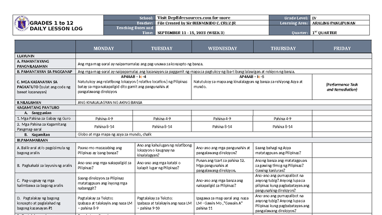DLL AP 4 Q1 W3: Daily Lesson Log for Araling Panlipunan - Studocu
