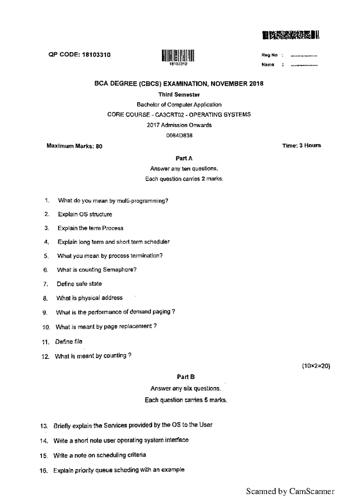 BCA 3rd Sem OS Exam Notes - 18103310 November 2018 - Studocu