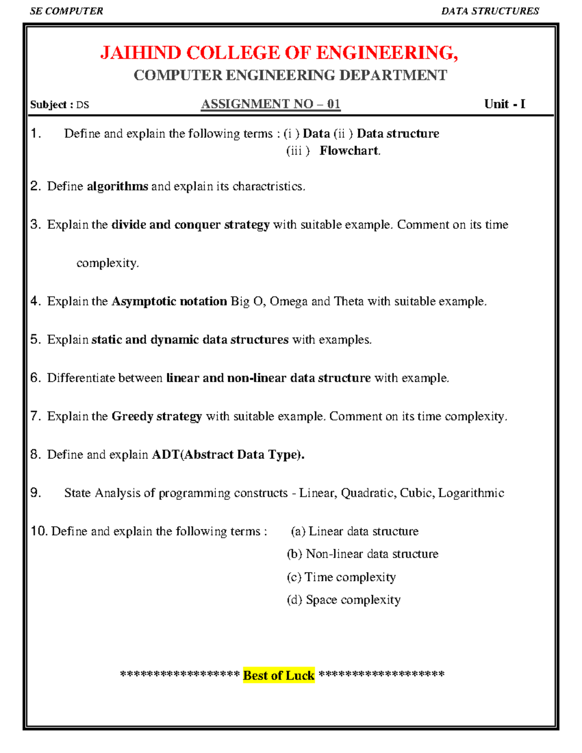 DATA STRUCTURES SE: Assignment 01 - Key Concepts & Definitions - Studocu