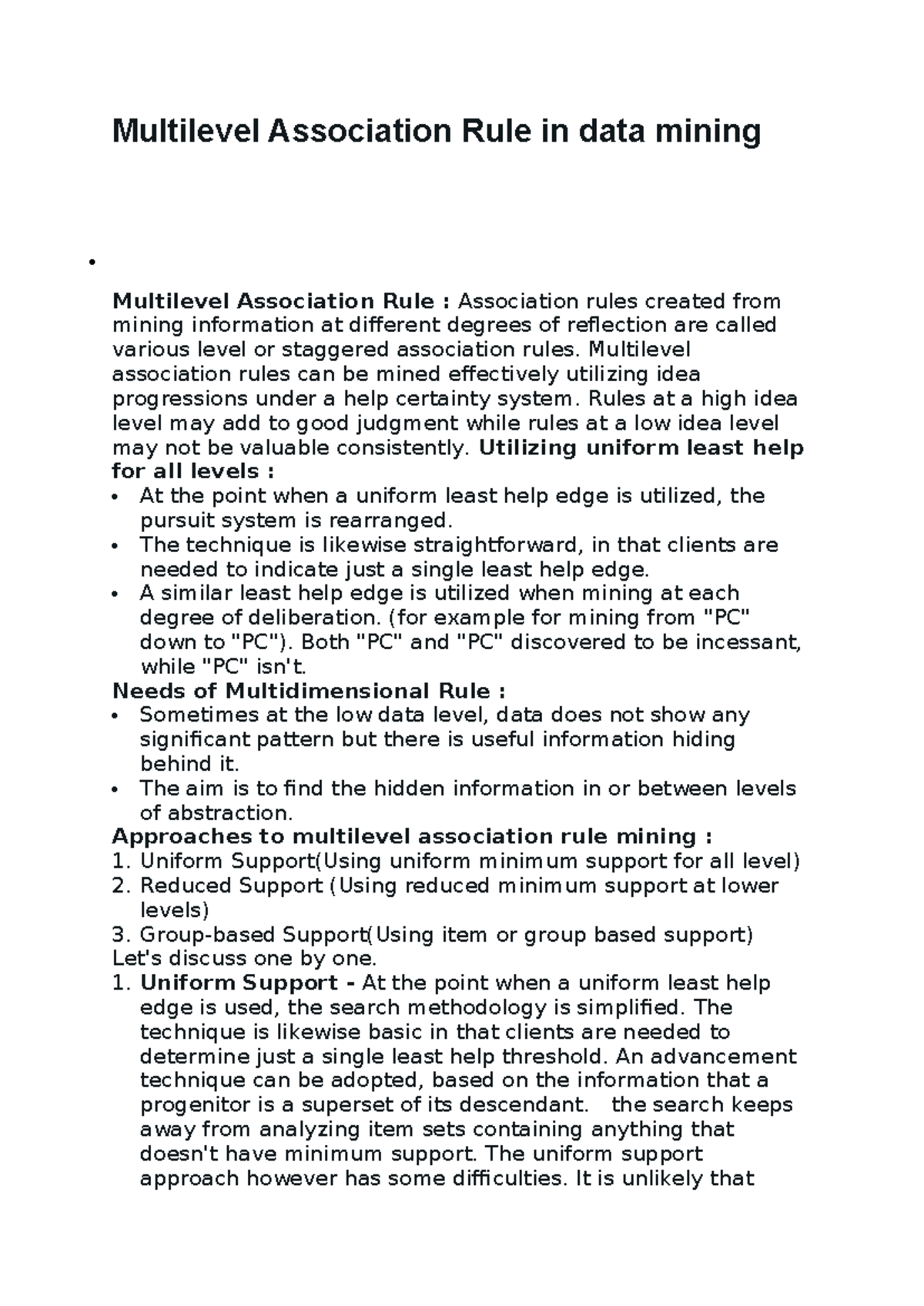 Multilevel Association Rule Mining: Techniques and Approaches - Studocu