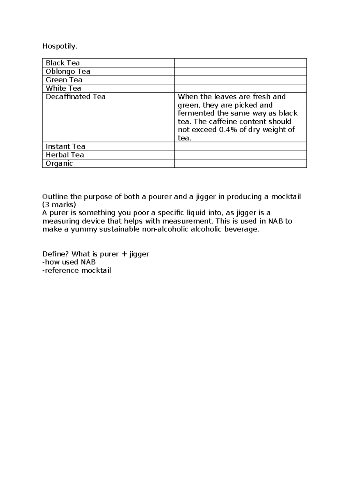 Hospotily - Competency Task on Tea Types and Mocktail Preparation - Studocu