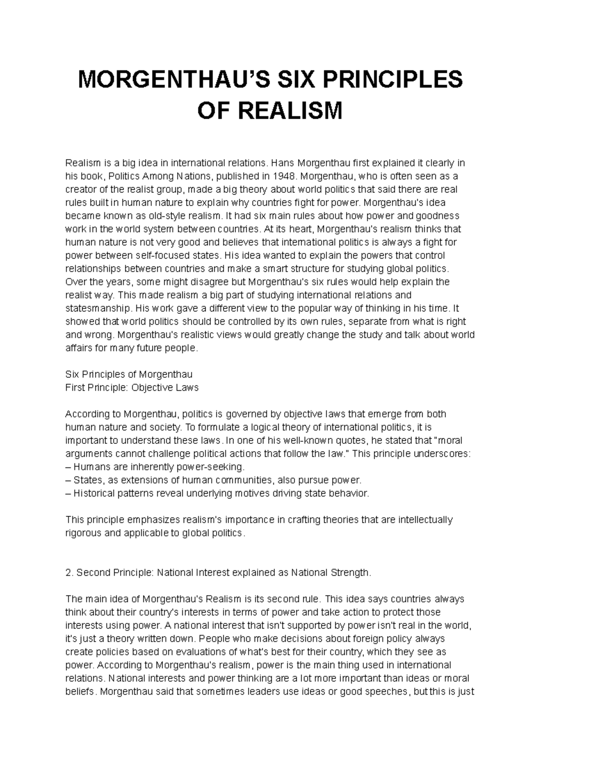 Morgenthau's Six Principles of Realism in International Relations - Studocu