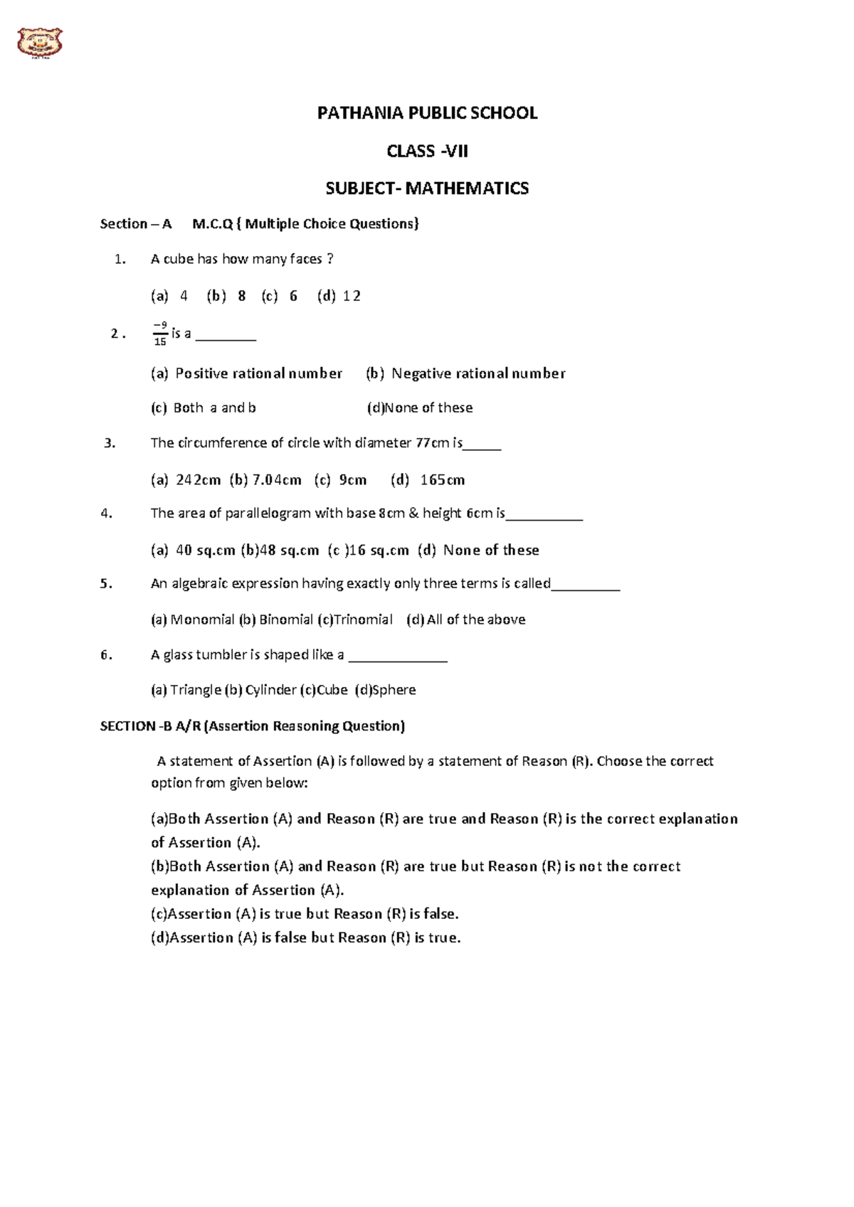 10th Grade Mathematics Quiz - Section A & B - Studocu