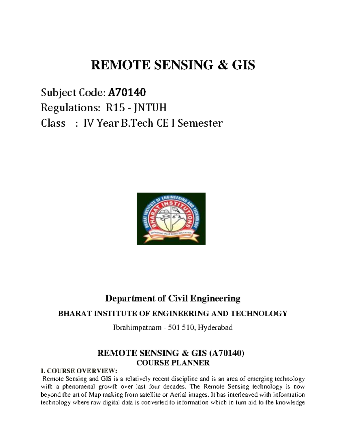 Remote Sensing & GIS Overview for Civil Engineering (A70140) - Studocu