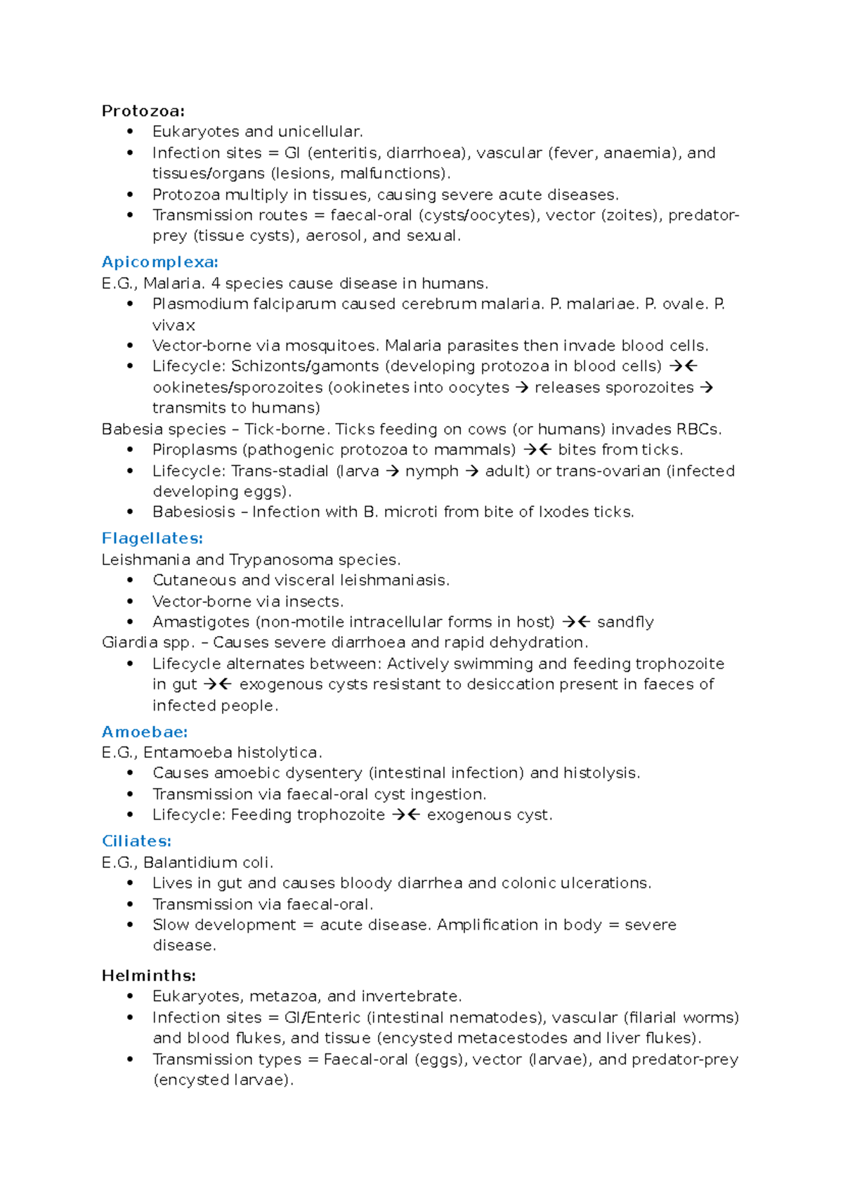 Parasitology (BIO 301): Protozoa and Helminths Overview Notes - Studocu