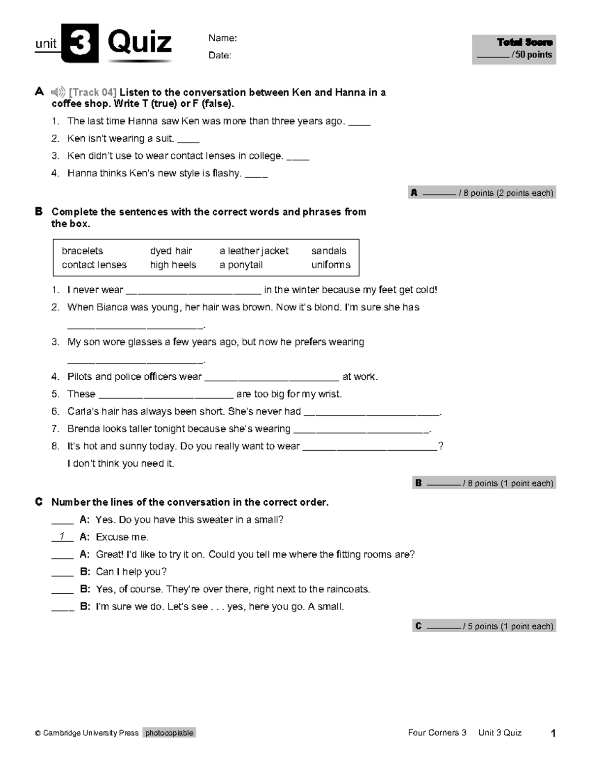 QUIZ UNIT 3 - pruebas - Cambridge University Press photocopiable Four ...