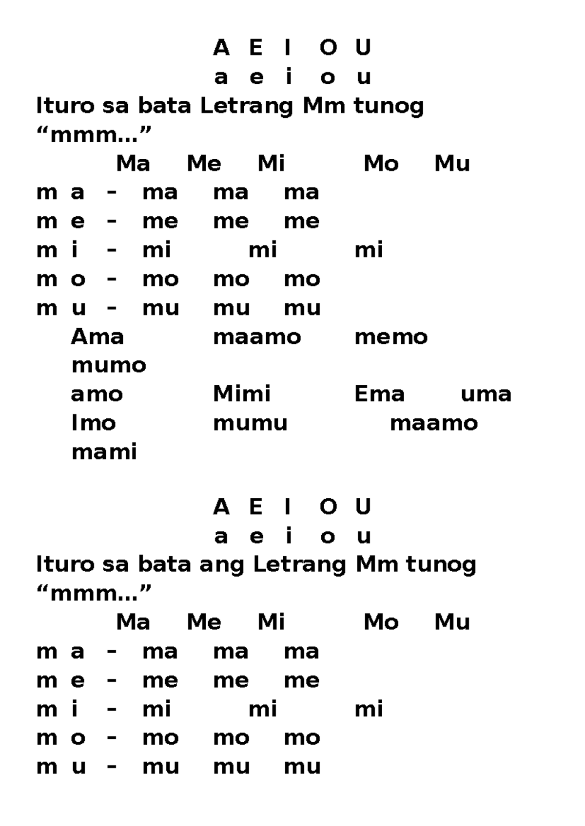 Letrang M: Tunog at Pagbasa ng A E I O U (Ma, Me, Mi, Mo, Mu) - Studocu